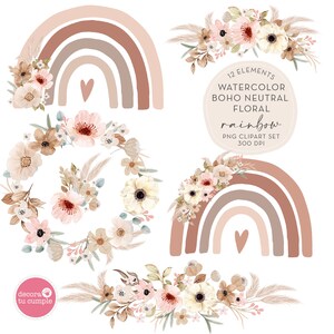 Boho Rainbow Floral Watercolor Neutral Earthy Colors Clipart Set ...