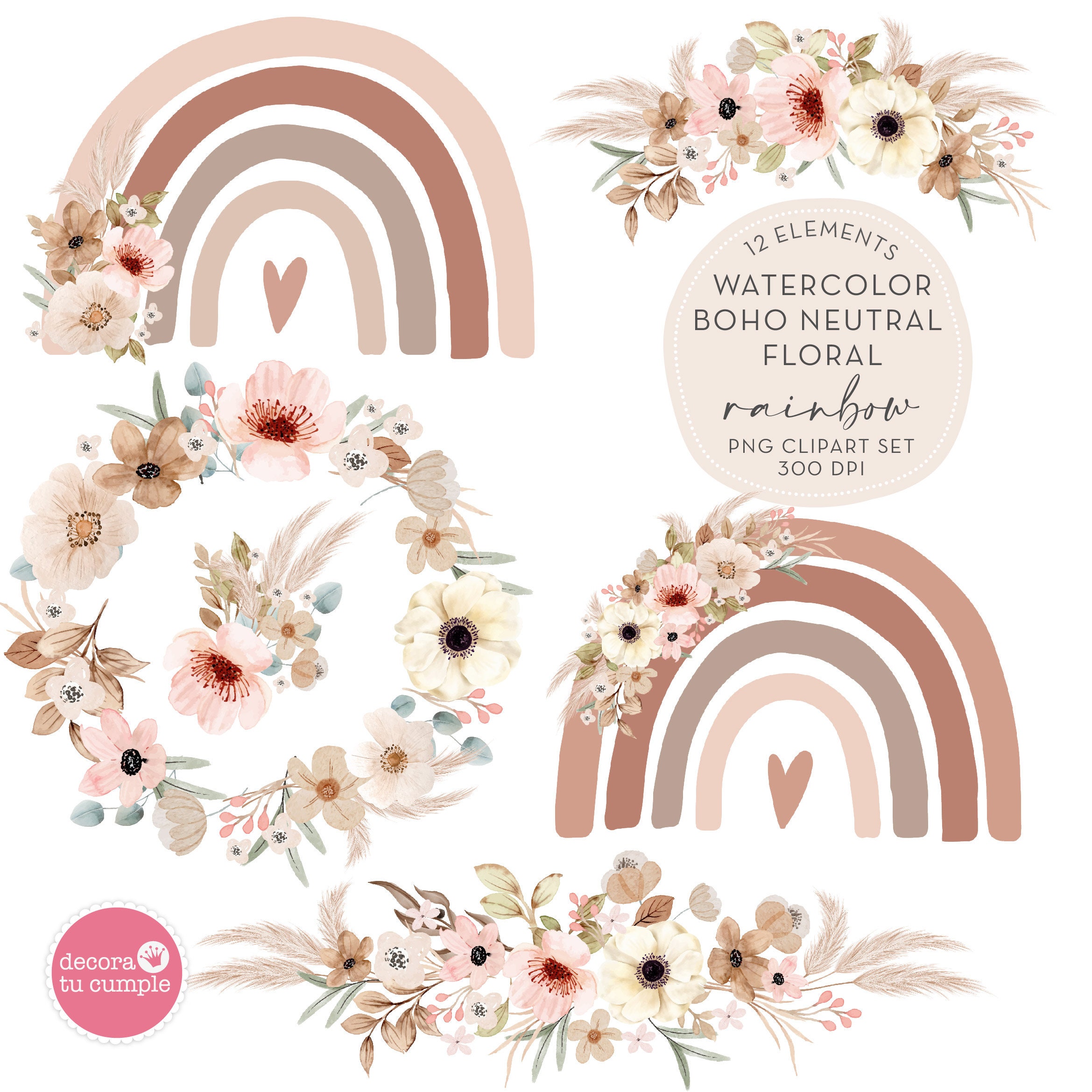Boho Rainbow Floral Clipart Set, Watercolor Earthy Neutral (instant ...