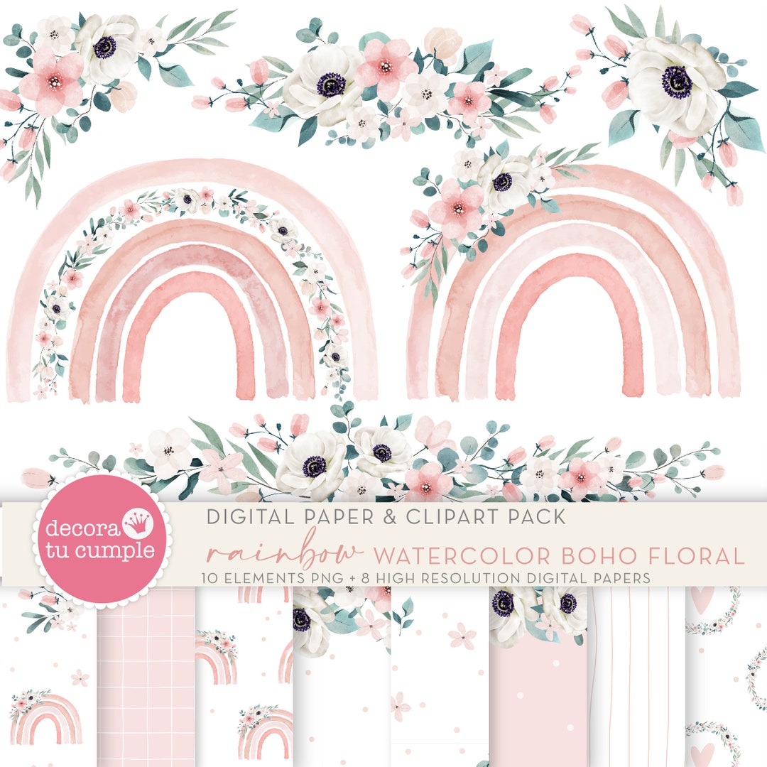 Boho Rainbow Floral Watercolor Clipart, Pastel Pink Papers (digital ...