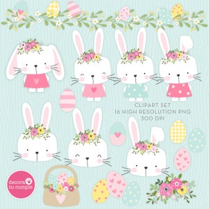Cute Easter Bunny Pastel Clipart Bundle, Digital Transparent Png Spring ...