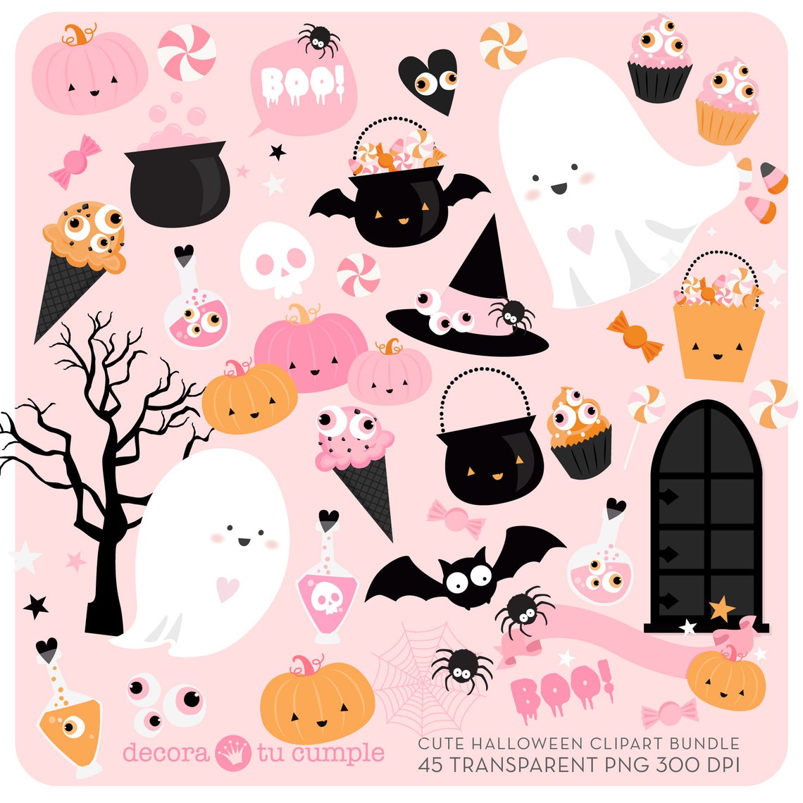 Cute Pink Halloween Clipart Set Transparent Background PNG - Etsy