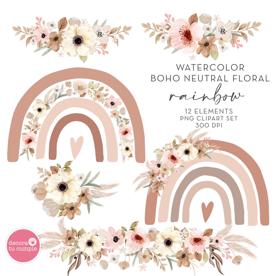 Boho Rainbow Floral Clipart Set, Watercolor Earthy Neutral (instant ...