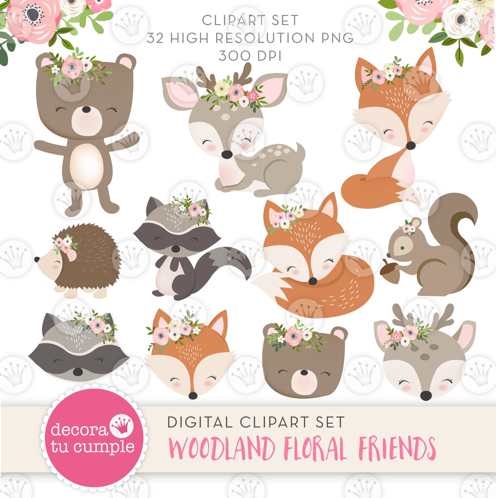 Woodland Animals Friends Girly Floral Cliparts, Woodland Animals ...