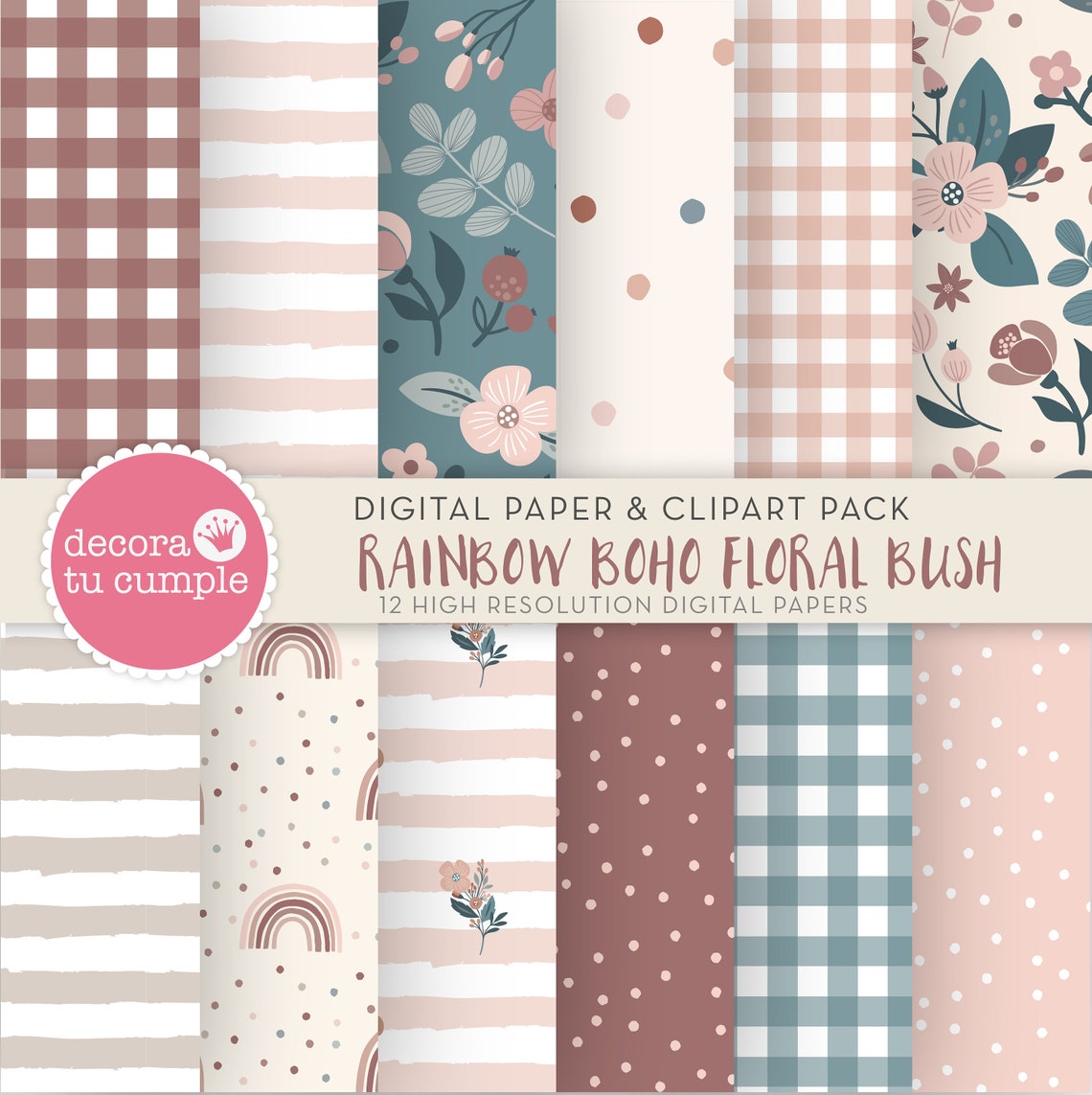 Boho Rainbow Floral Digital Papers and Cliparts Boho Rainbow | Etsy