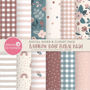 Boho Rainbow Floral Digital Papers and Cliparts, Boho Rainbow, Blush ...