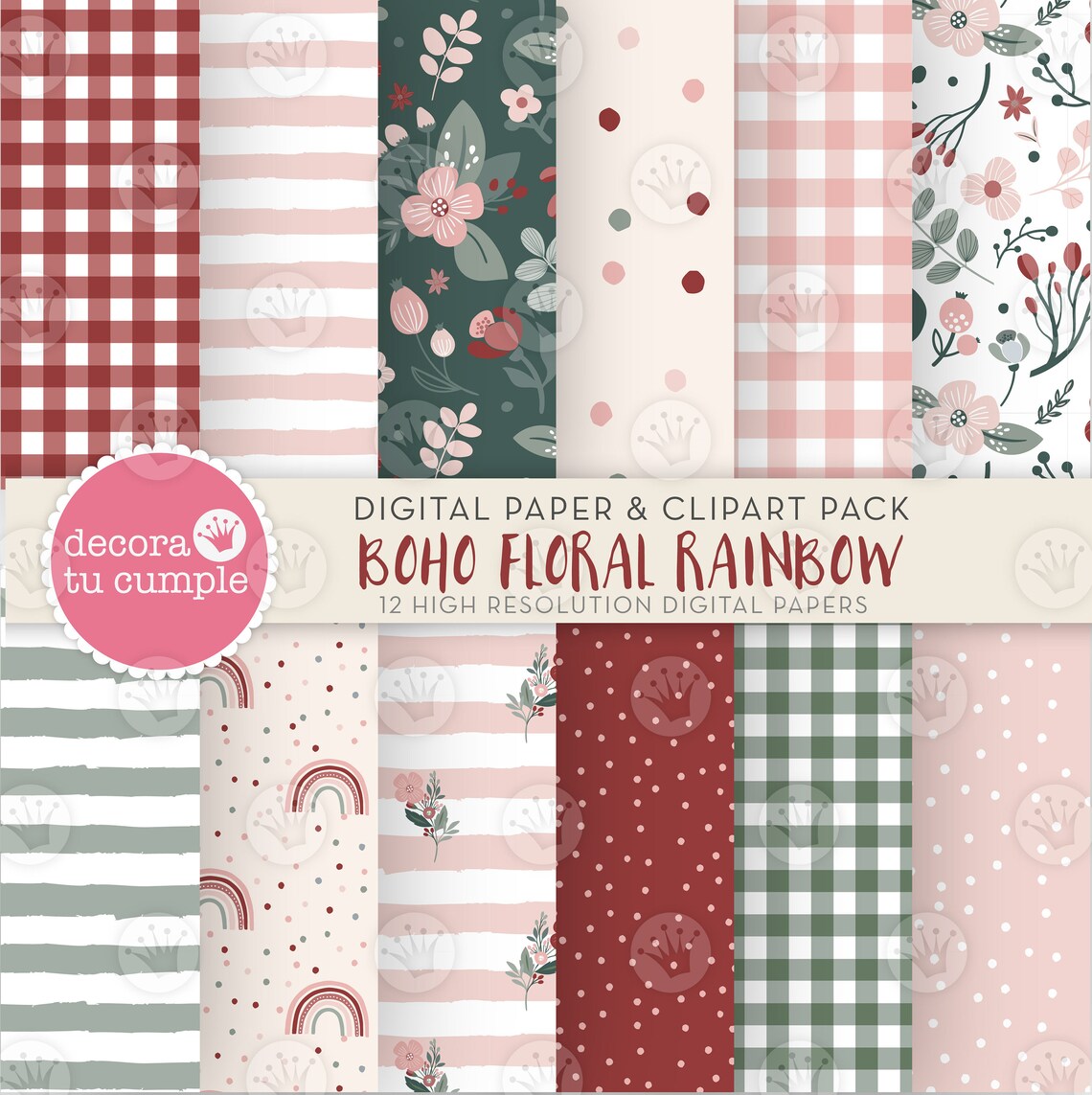 Boho Rainbow Floral Digital Papers and Cliparts Boho Rainbow - Etsy