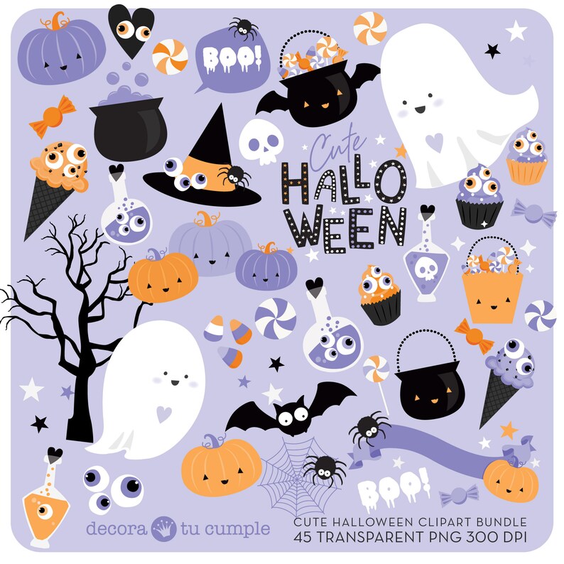 Cute Purple Halloween Clipart Set Transparent Background PNG - Etsy