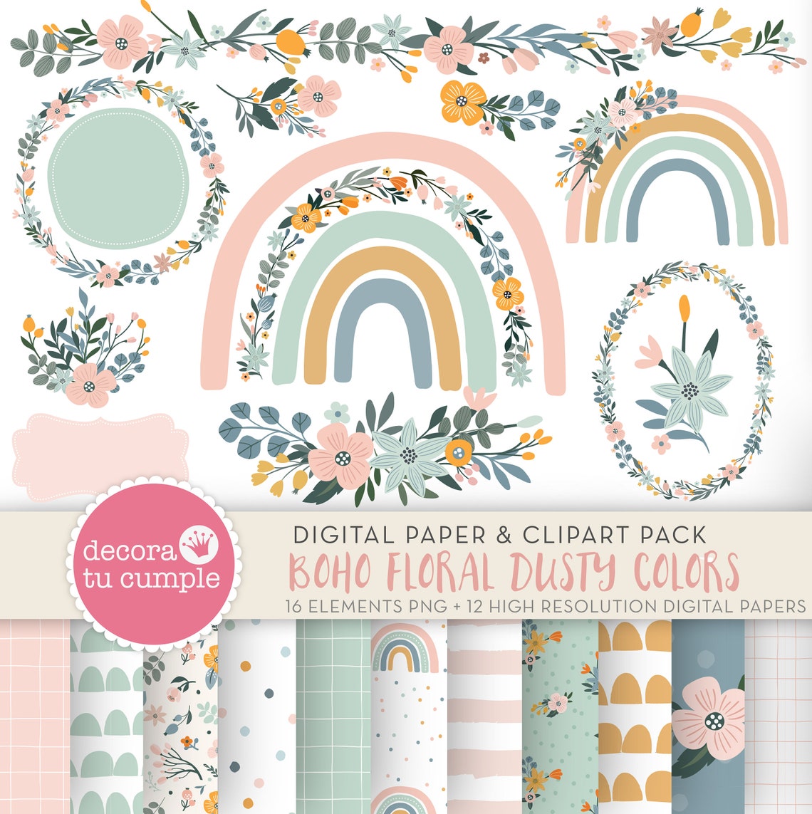 Boho Rainbow Floral Digital Papers and Cliparts Boho Rainbow - Etsy