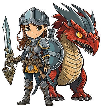 Ruby Guardian Young Warrior Girl and Red Dragon Protector Sticker, Table Top RPG, Fantasy ...