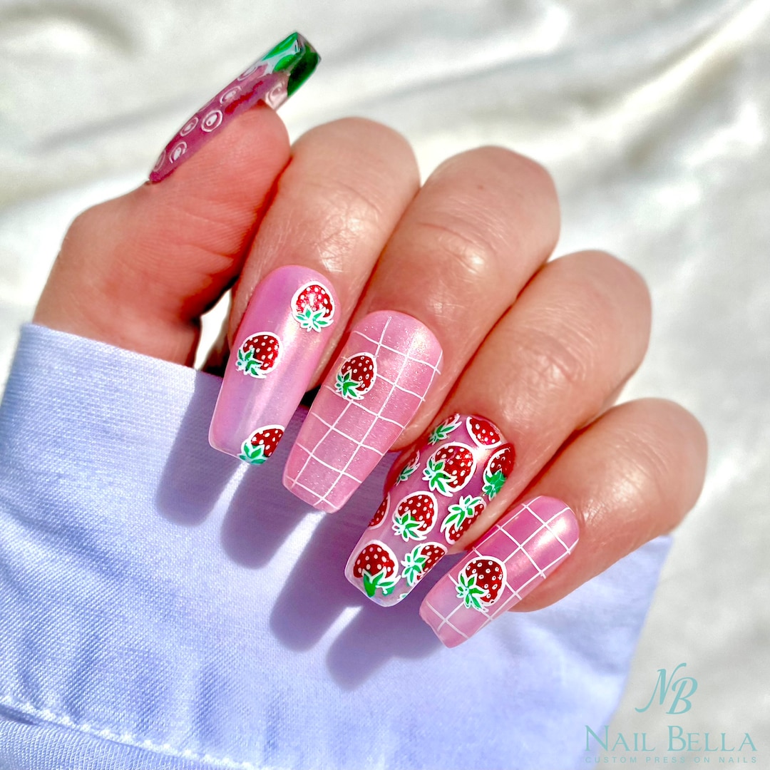 Pink Strawberry Nails Choose Your Length and Shape Fruit Reusable Press ...