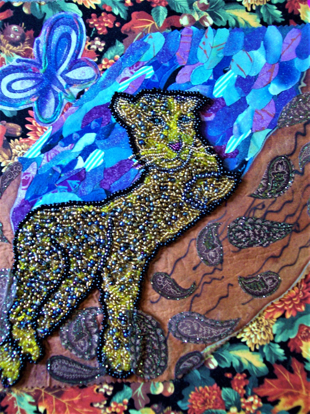 The Last Tree Leopard, Textile Art, Collage With Fabric and Beads, Bead ...