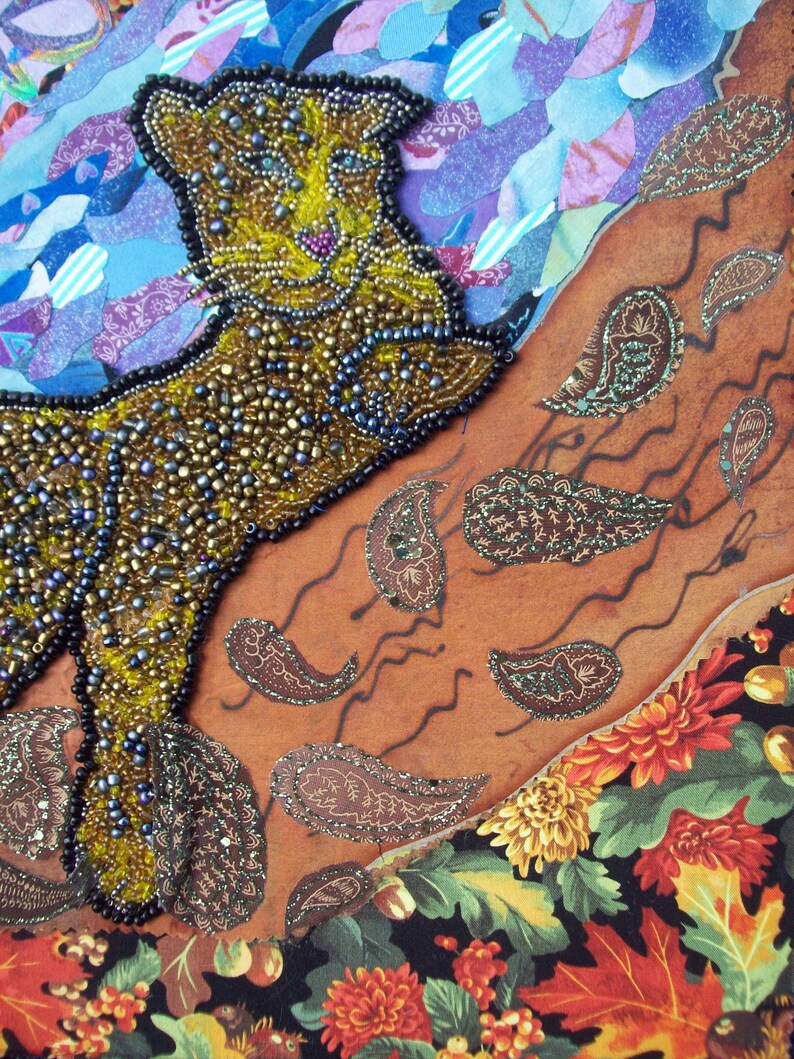 The Last Tree Leopard, Textile Art, Collage With Fabric and Beads, Bead ...