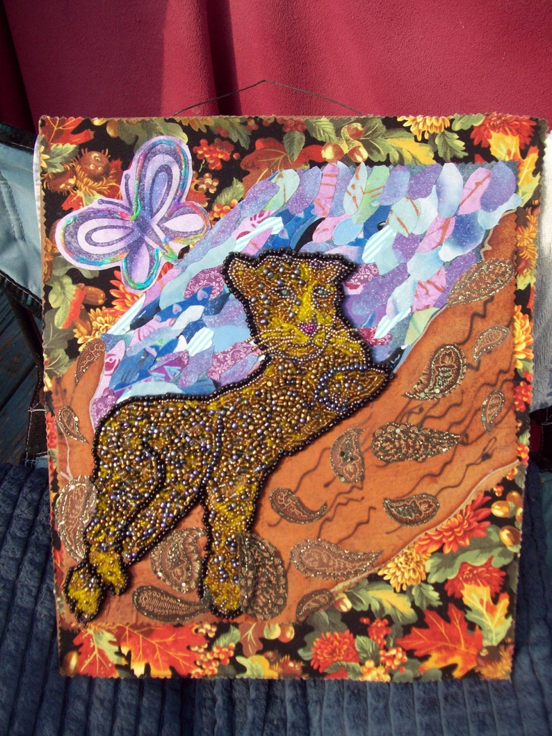 The Last Tree Leopard, Textile Art, Collage With Fabric and Beads, Bead ...