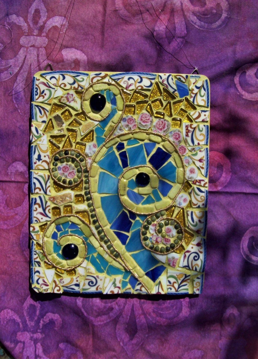 Pique Assiette Broken Dish Mosaic, With Scrolls, Beads and Golden Tiles ...