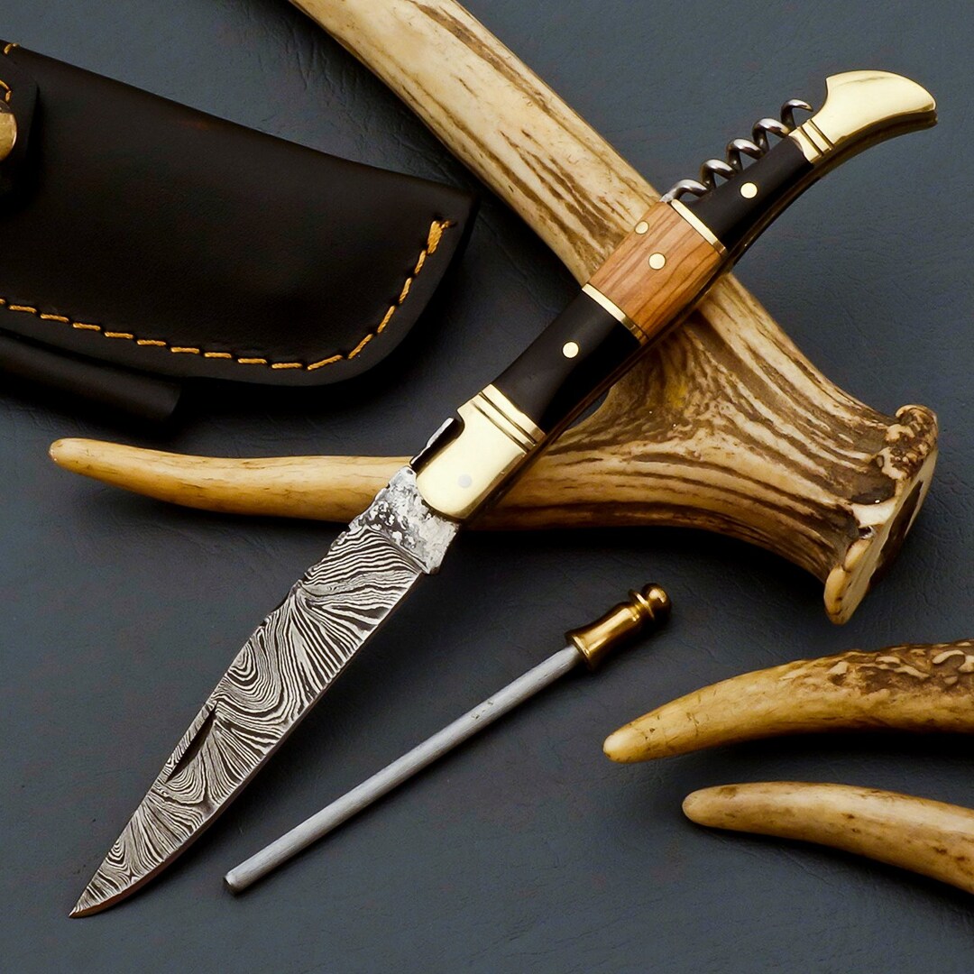 Damascus Steel Elegant French Laguiole Pocket, Folding Knife Bull Horn ...