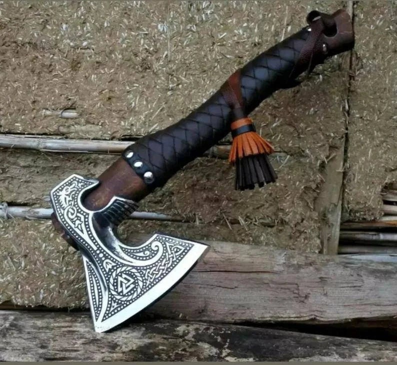 Custom Handmade Viking Bearded Axe GIFT for Him Tomahawk Viking Ragnar Axe Long Etching Axe ...