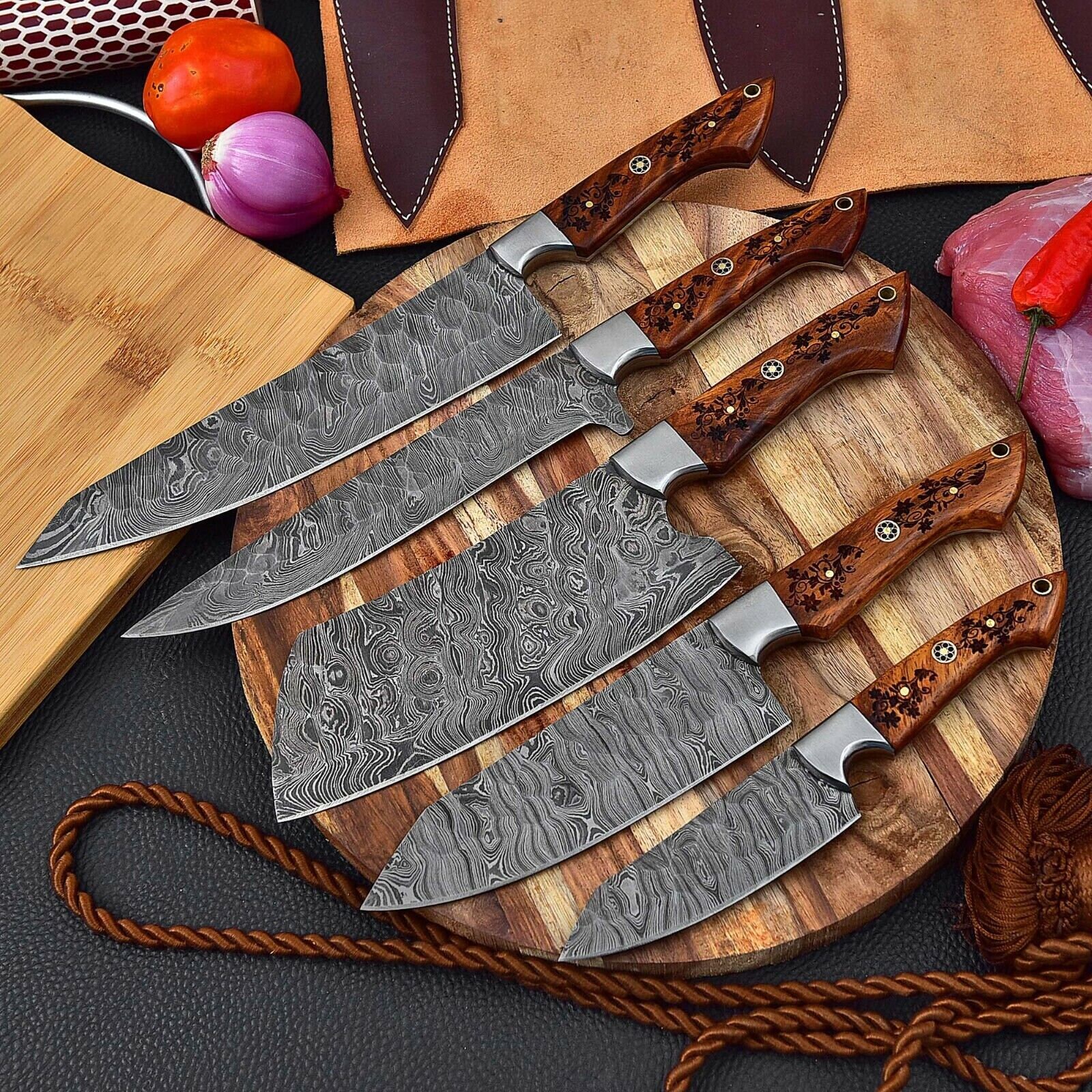 Damascus Chef Set of 5 Piceces ,custom Handmade Chef Set , Handmade ...
