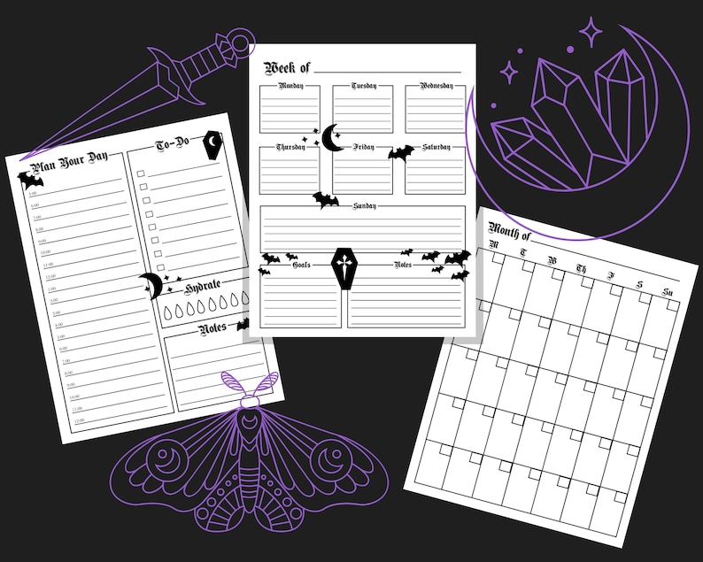 Goth Planner Pages With Day, Week, and Month | Printable Planner ...
