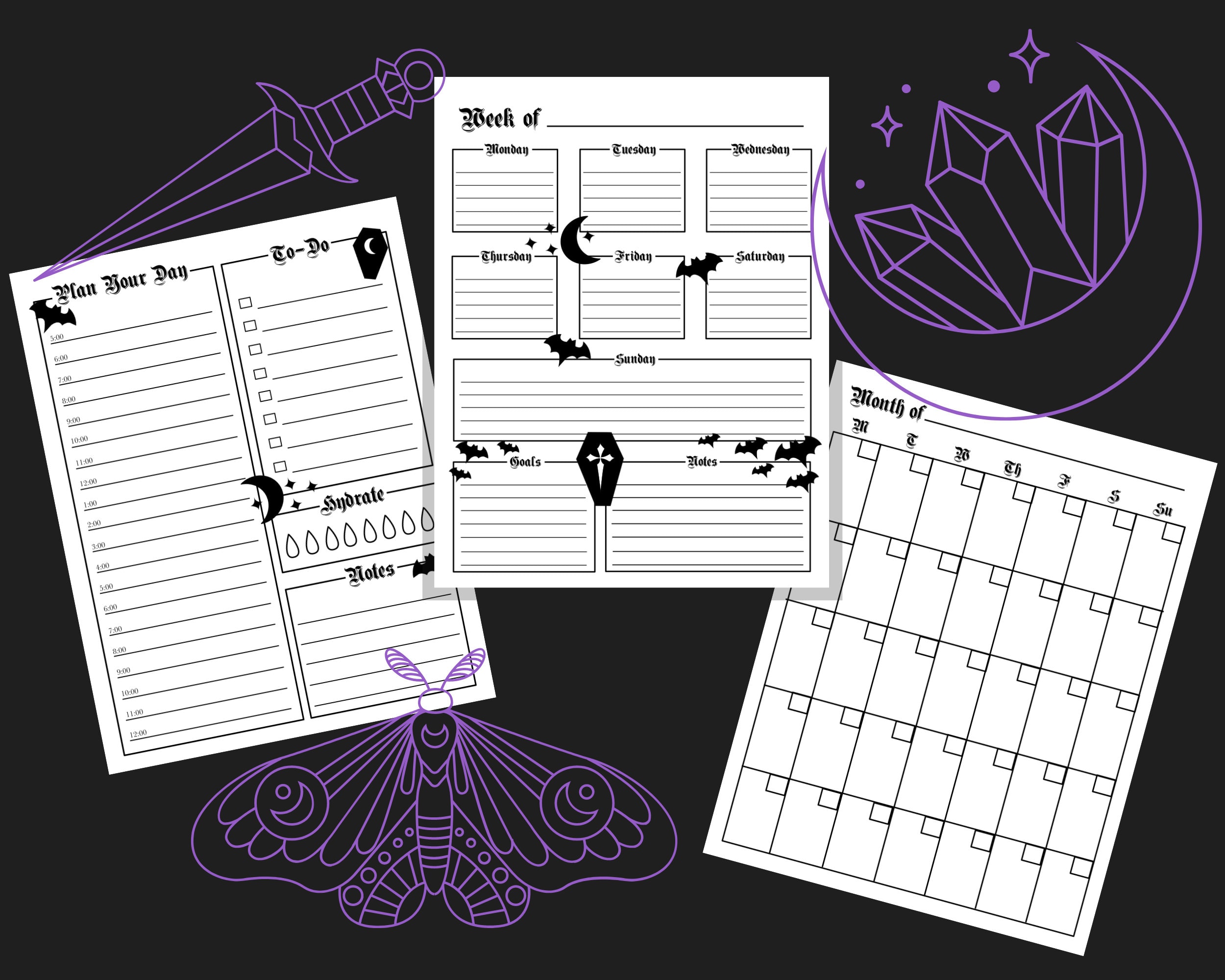 Goth Planner Pages With Day, Week, and Month | Printable Planner ...