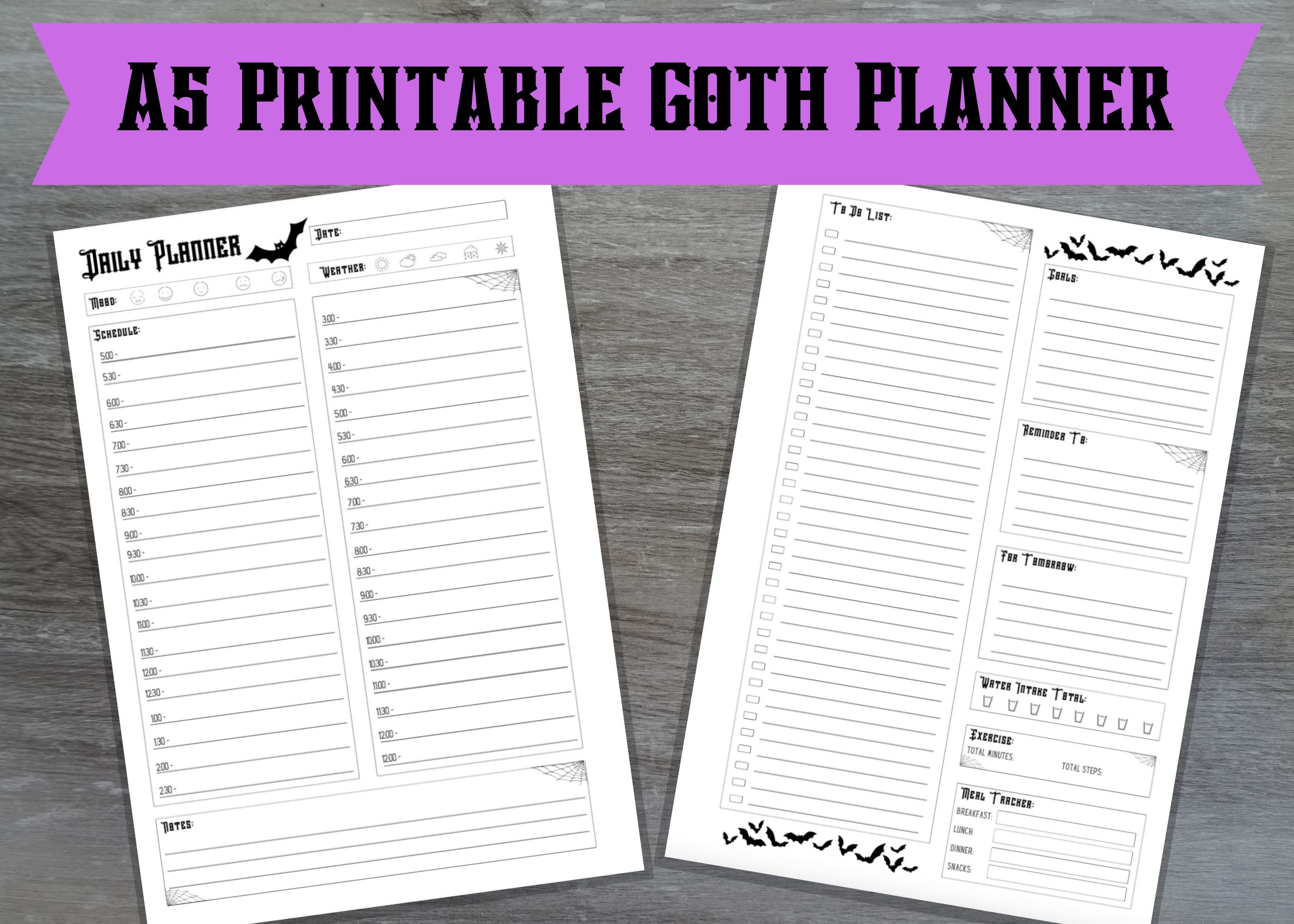 A5 Printable Goth Planner Pages | PDF Planner | Daily, Weekly, and ...