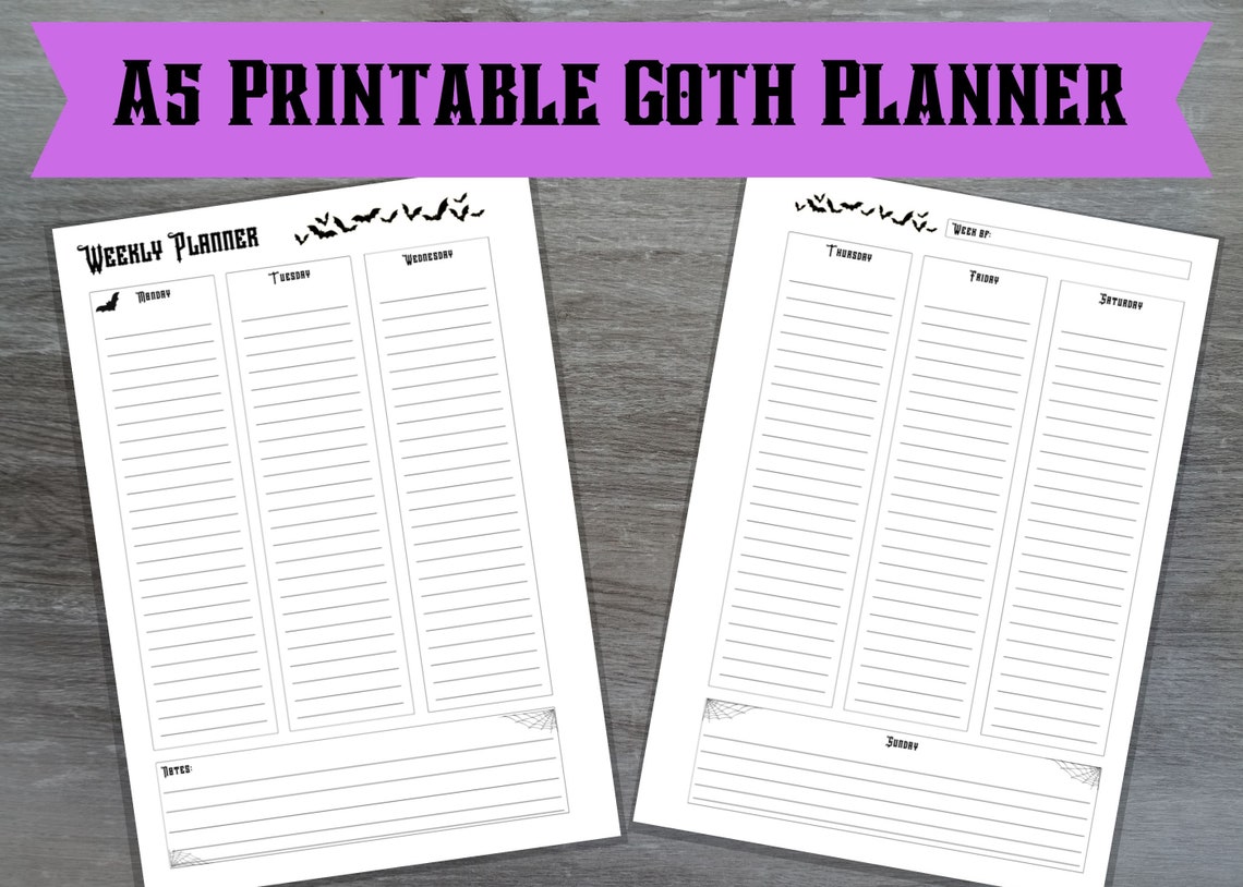 A5 Printable Goth Planner Pages | PDF Planner | Daily, Weekly, and ...