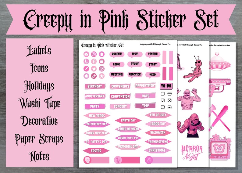 Digital Stickers | Creepy in Pink Goth Planner Stickers | PNG Digital ...