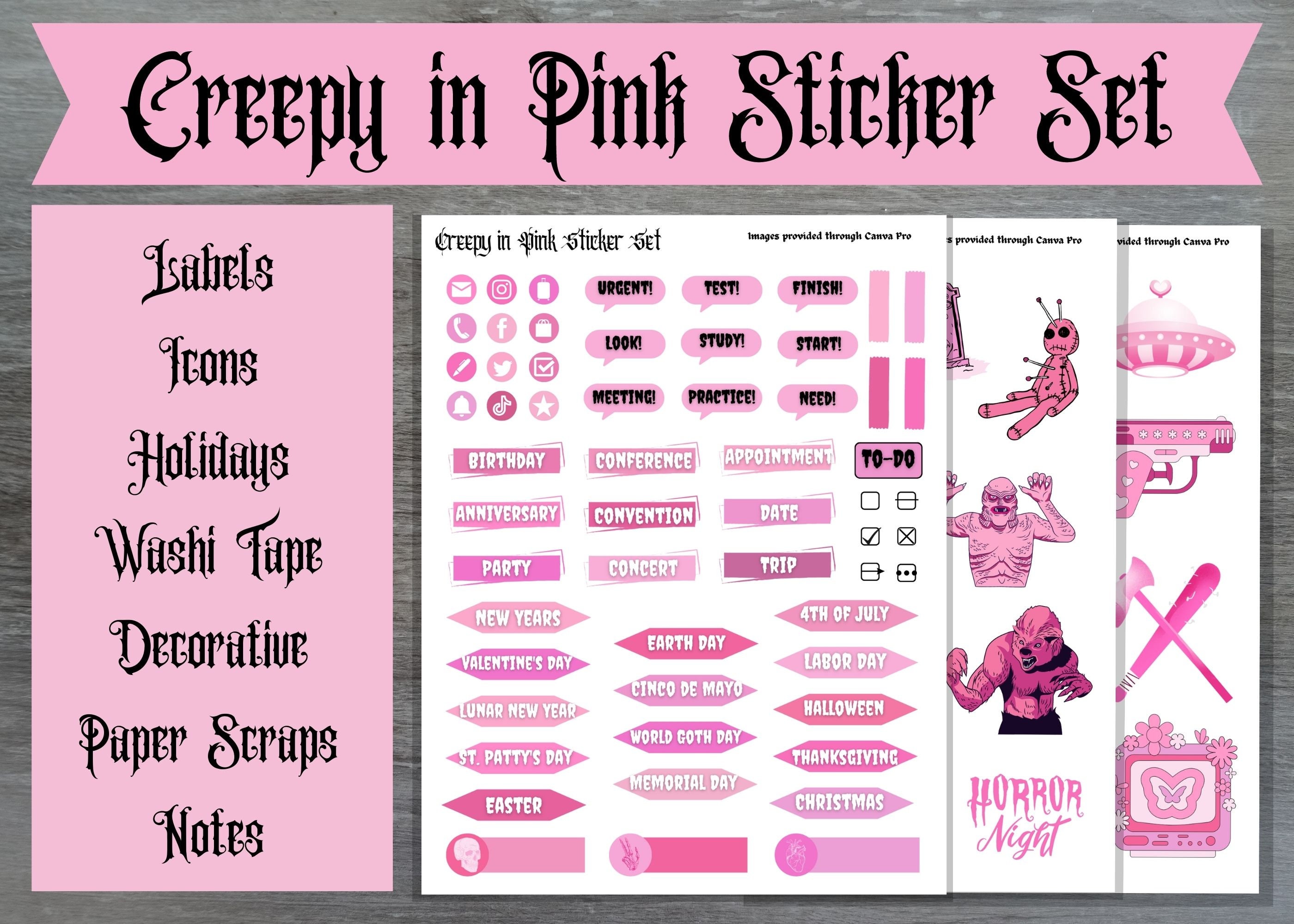 Digital Stickers | Creepy in Pink Goth Planner Stickers | PNG Digital ...