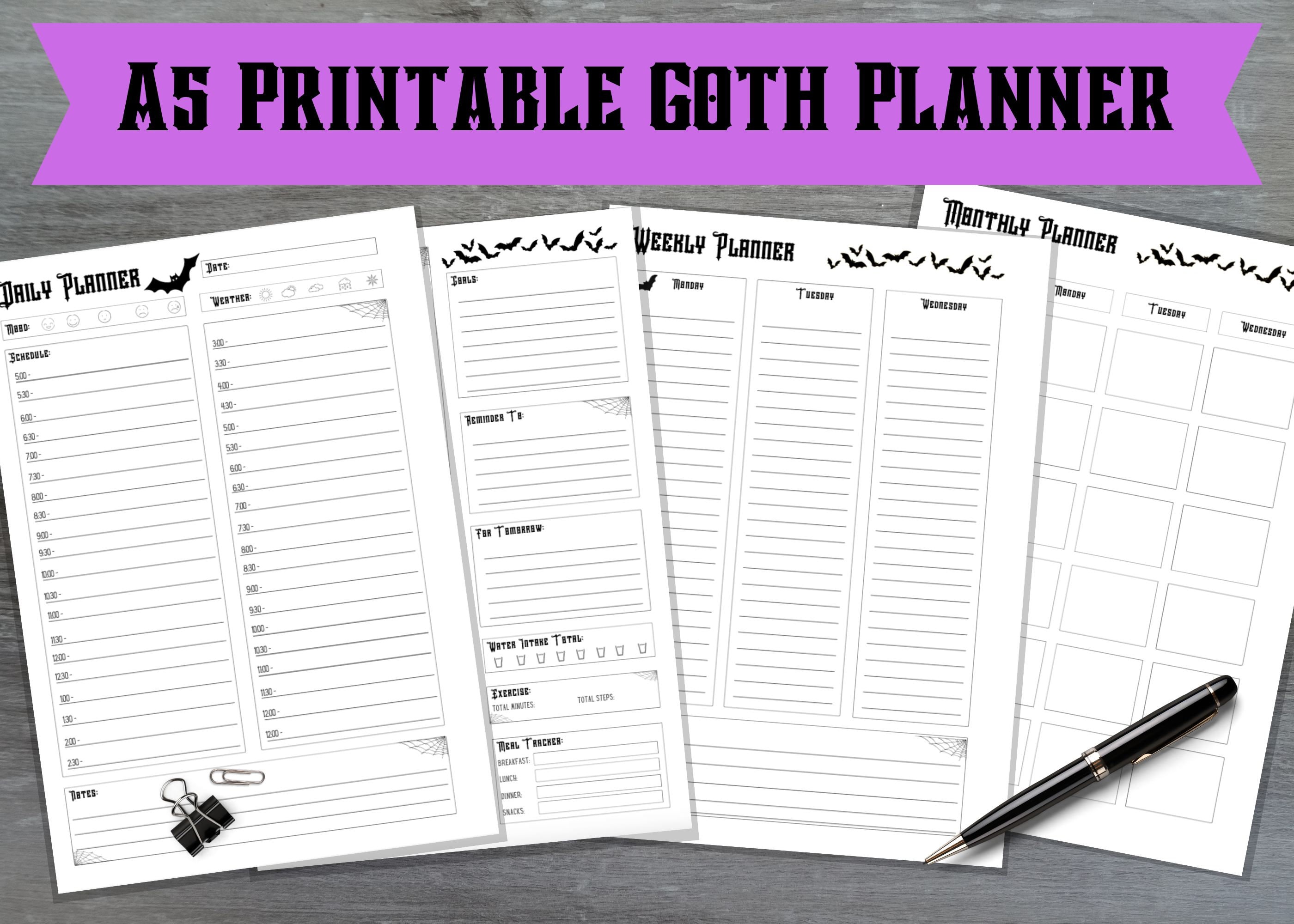 A5 Printable Goth Planner Pages | PDF Planner | Daily, Weekly, and ...