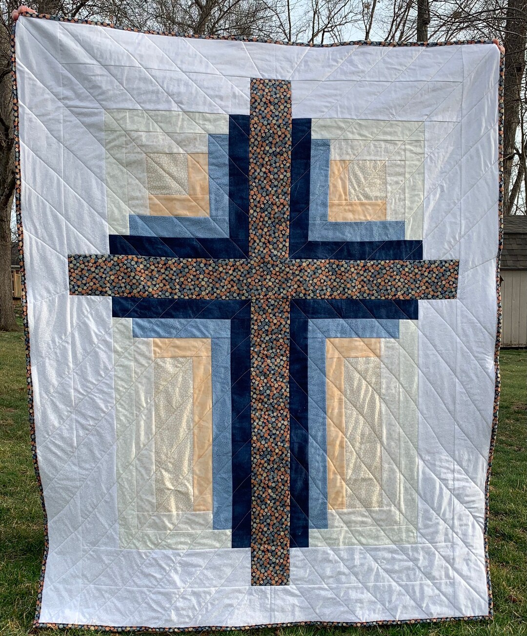 Handmade Log Cabin Cross Quilt: Blue Peach Cotton Throw - Etsy