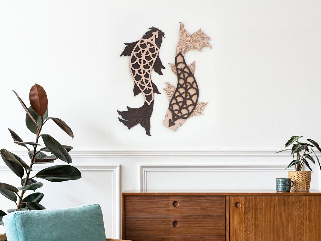 Koi Fish Wood Wall Art, Modern Japanese Wall Decor, Art Deco 3d Fish ...