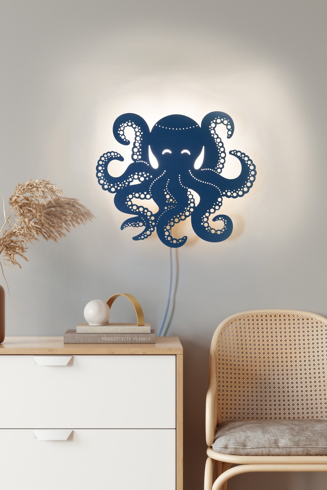 Octopus Kids Wall Light, Ocean Nursery Sconce. Wall Hanging Animal Plug ...