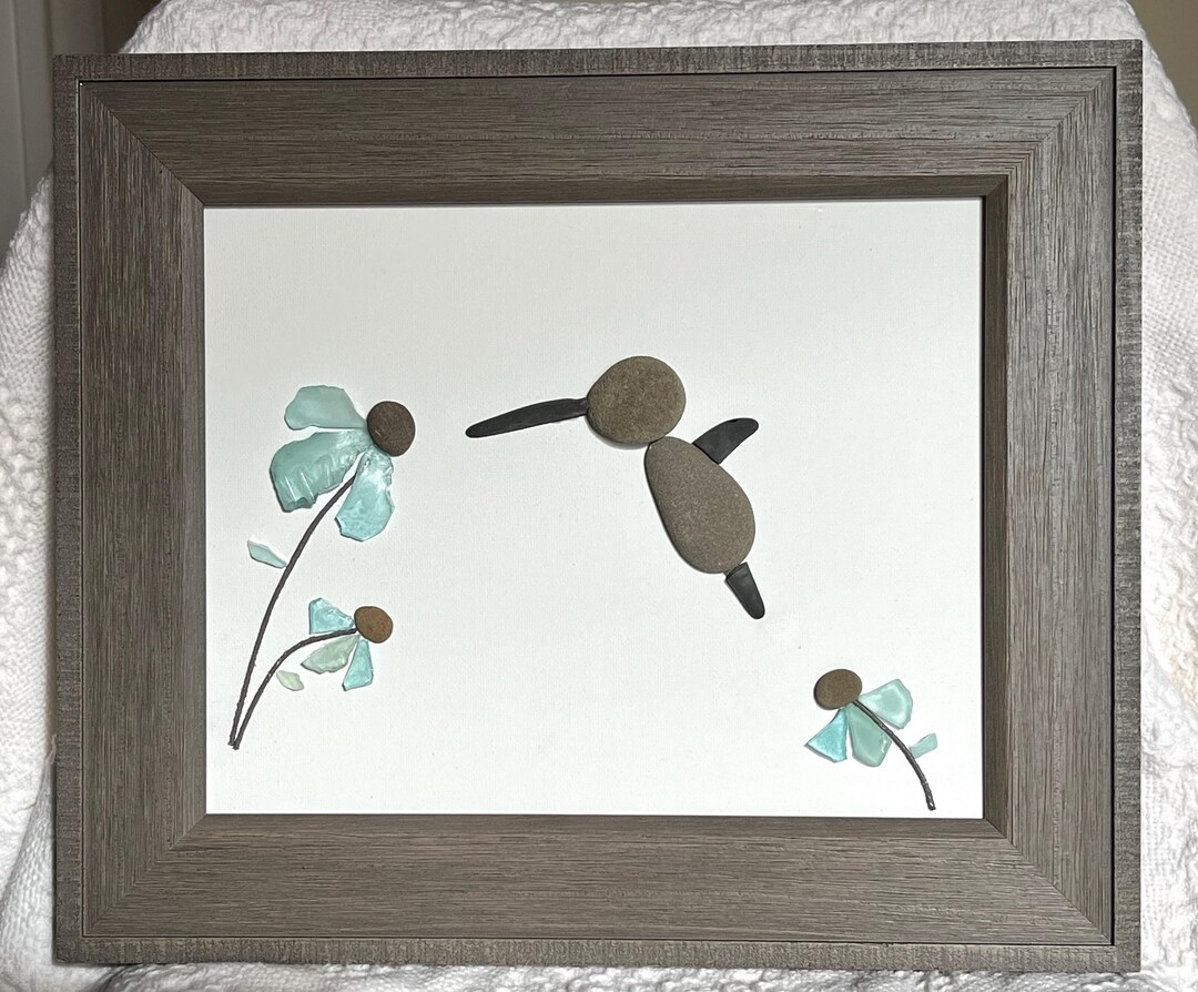 Pebble Art Hummingbird, Beach Glass Flower and Hummingbird, Hummingbird ...