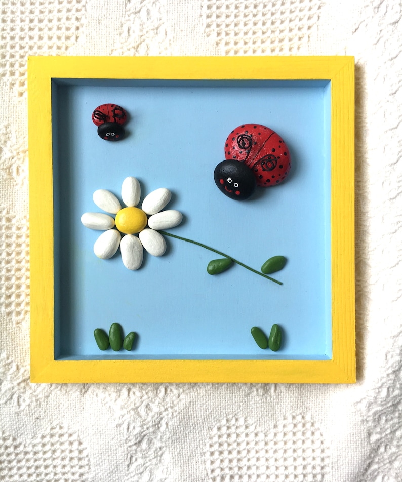 Lady Bug Wall Art Framed, Lady Bug Pebble Art, Kid’s Room Wall Art ...