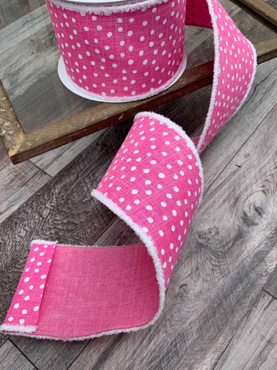 Pink Ribbon, Pink & White Dot Ribbon, Fuzzy Border, Designer Ribbon, 4 ...