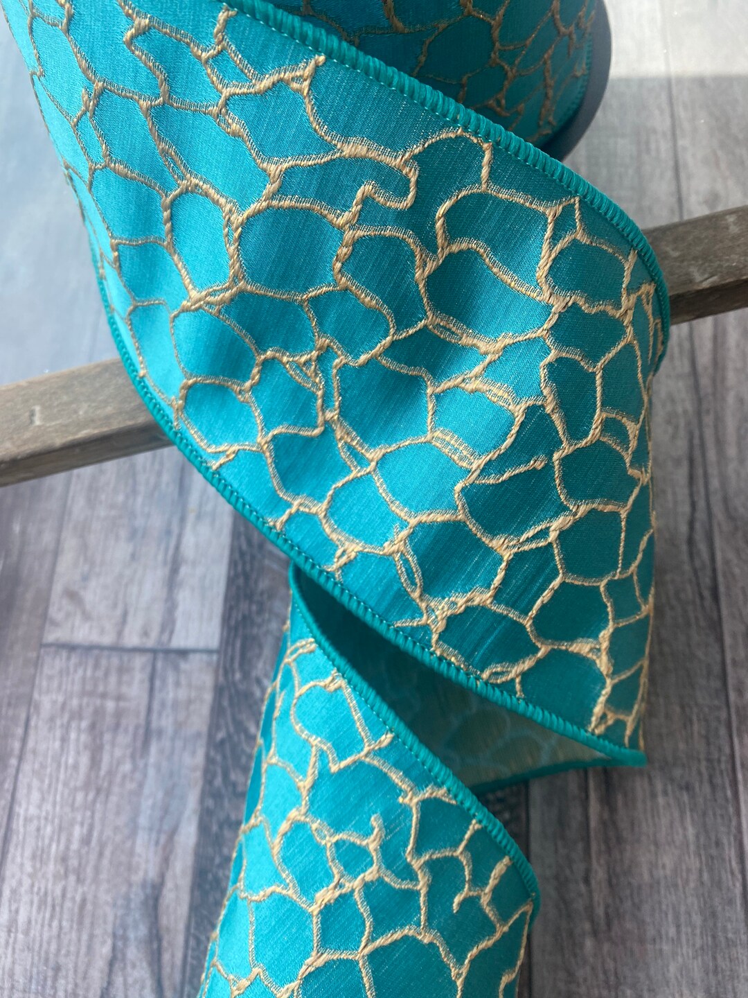 Teal Ribbon, Jacquard Giraffe, D.steven’s, Wired Ribbon, 4” Ribbon, 10 ...