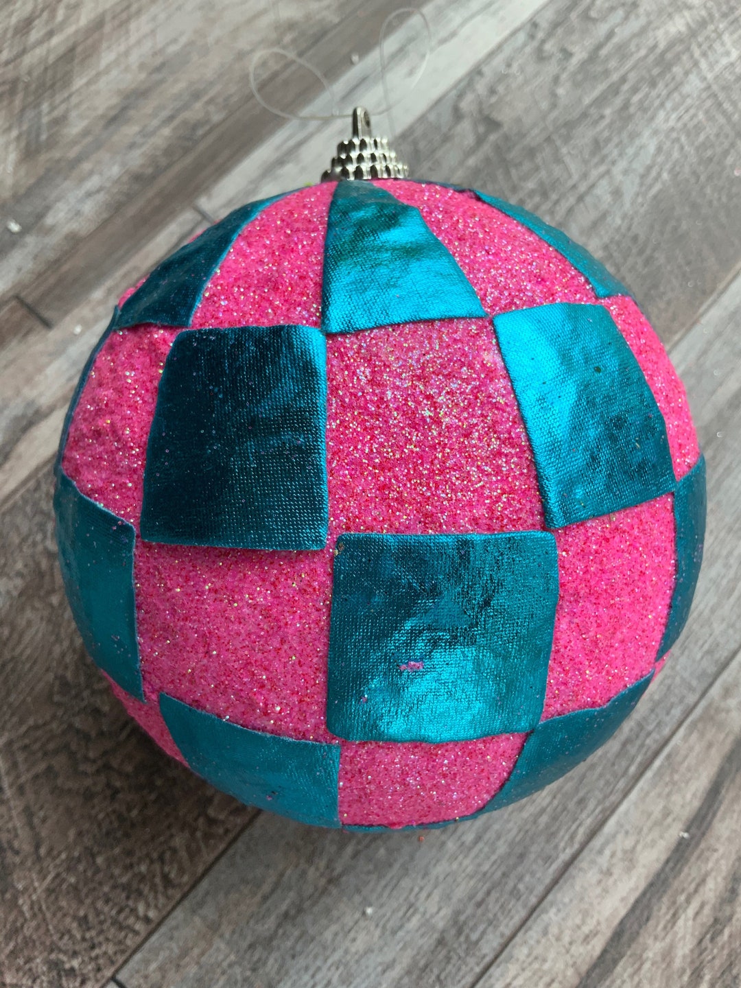 Checkered Ornament, Checkered Ball, Metallic, Blue & Pink Checkered ...