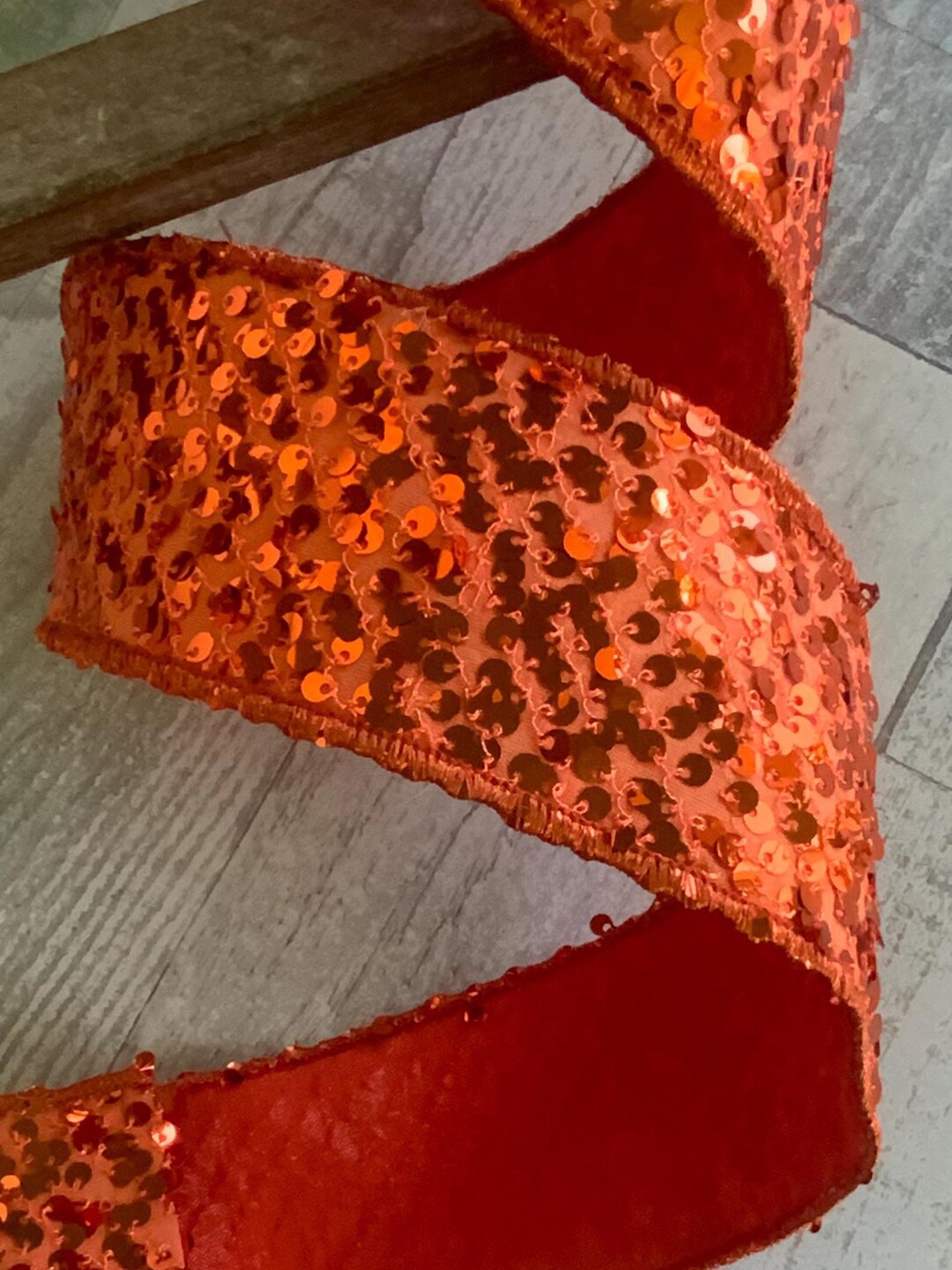 Orange Ribbon, Sequin Ribbon, Metallic Orange, 2.5" Ribbon, Wired ...