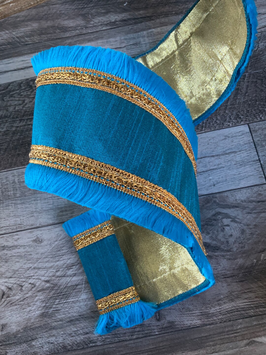 Turquoise Ribbon, Gold, Turquoise, Fringe, Wired Ribbon, 4” Ribbon ...
