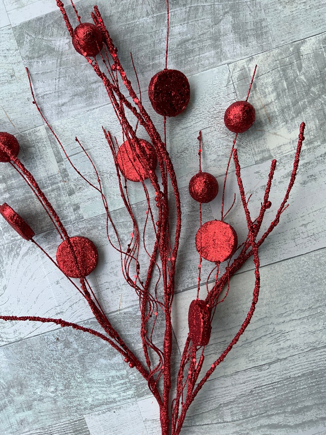 Red Glitter Twig Spray: Ball & Coin Accents, 33” Filler - Etsy