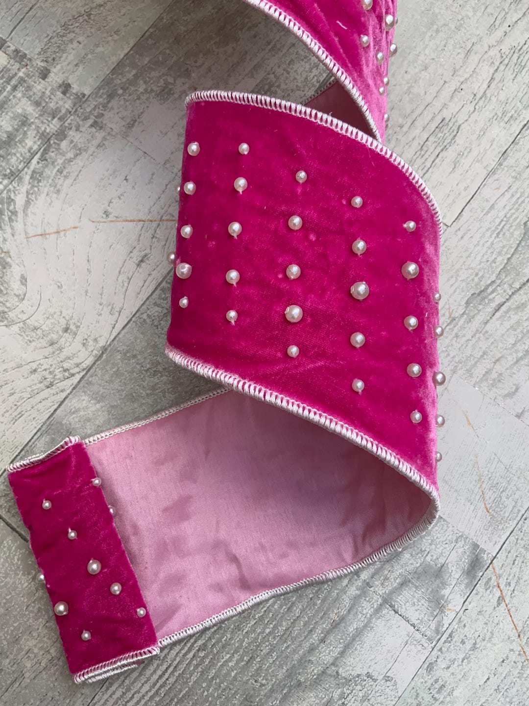 Pink Velvet Ribbon, Pearls, Wired Ribbon, 4” Ribbon, 5 Yards, Designer ...