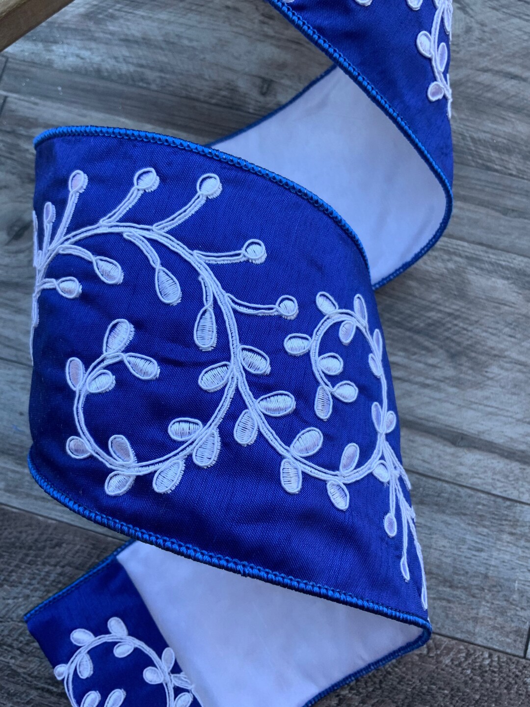 Blue Embroidered Vine Ribbon: 4" X 5 Yards Wired Designer Ribbon - Etsy