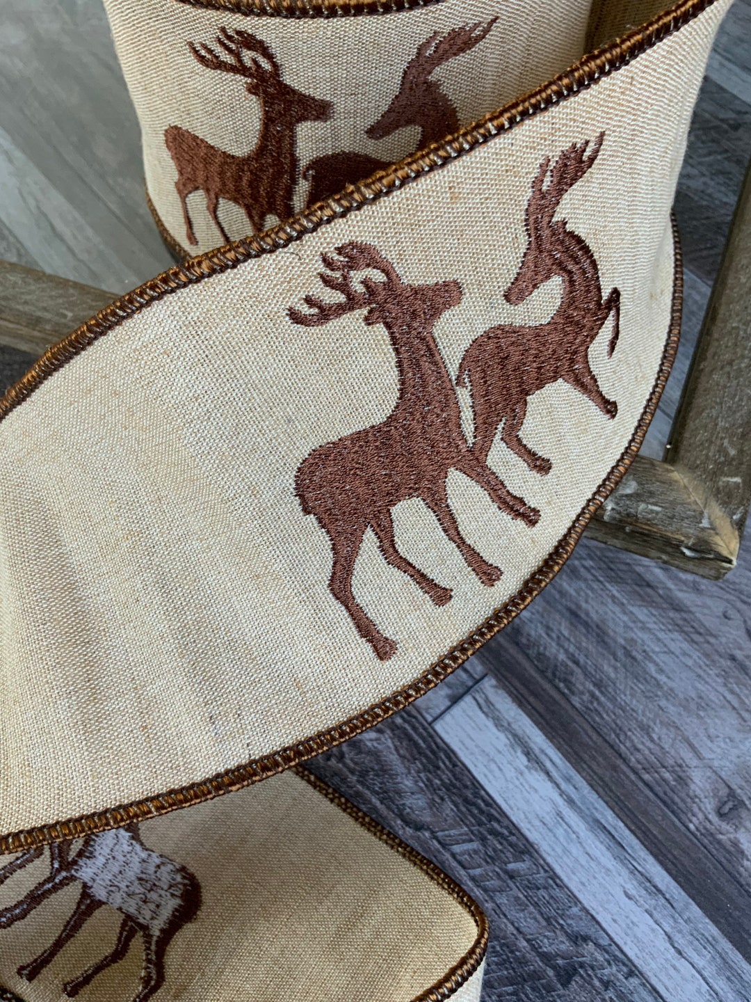 Deer Ribbon, Embroidered Deer Ribbon, Wired Ribbon, 4” Ribbon, 10 Yards ...