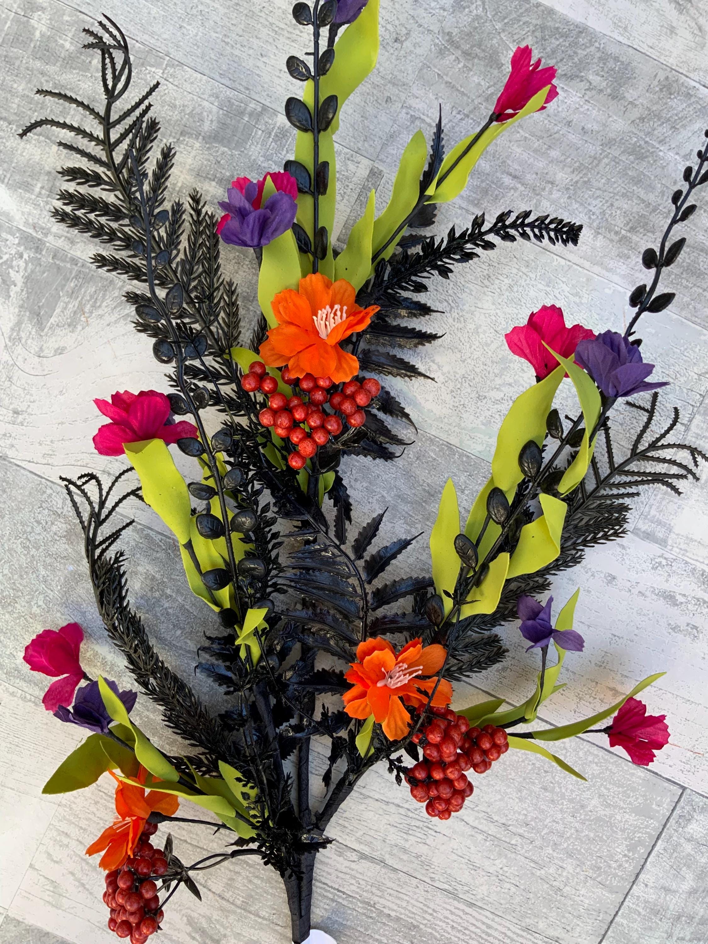 Floral Spray, Black Floral, Hot Pink, Orange, Purple, Flower, Fern ...