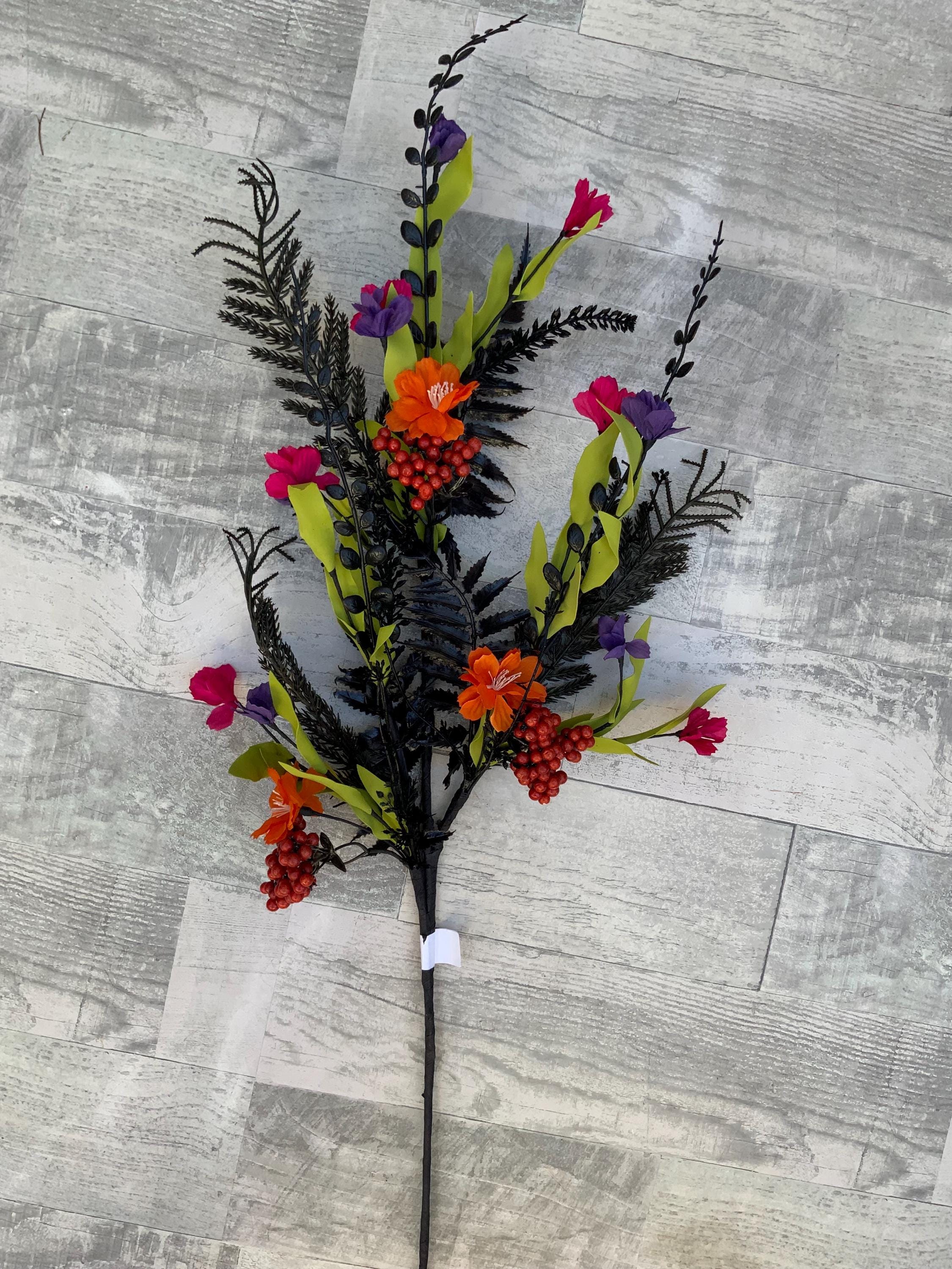 Floral Spray, Black Floral, Hot Pink, Orange, Purple, Flower, Fern ...