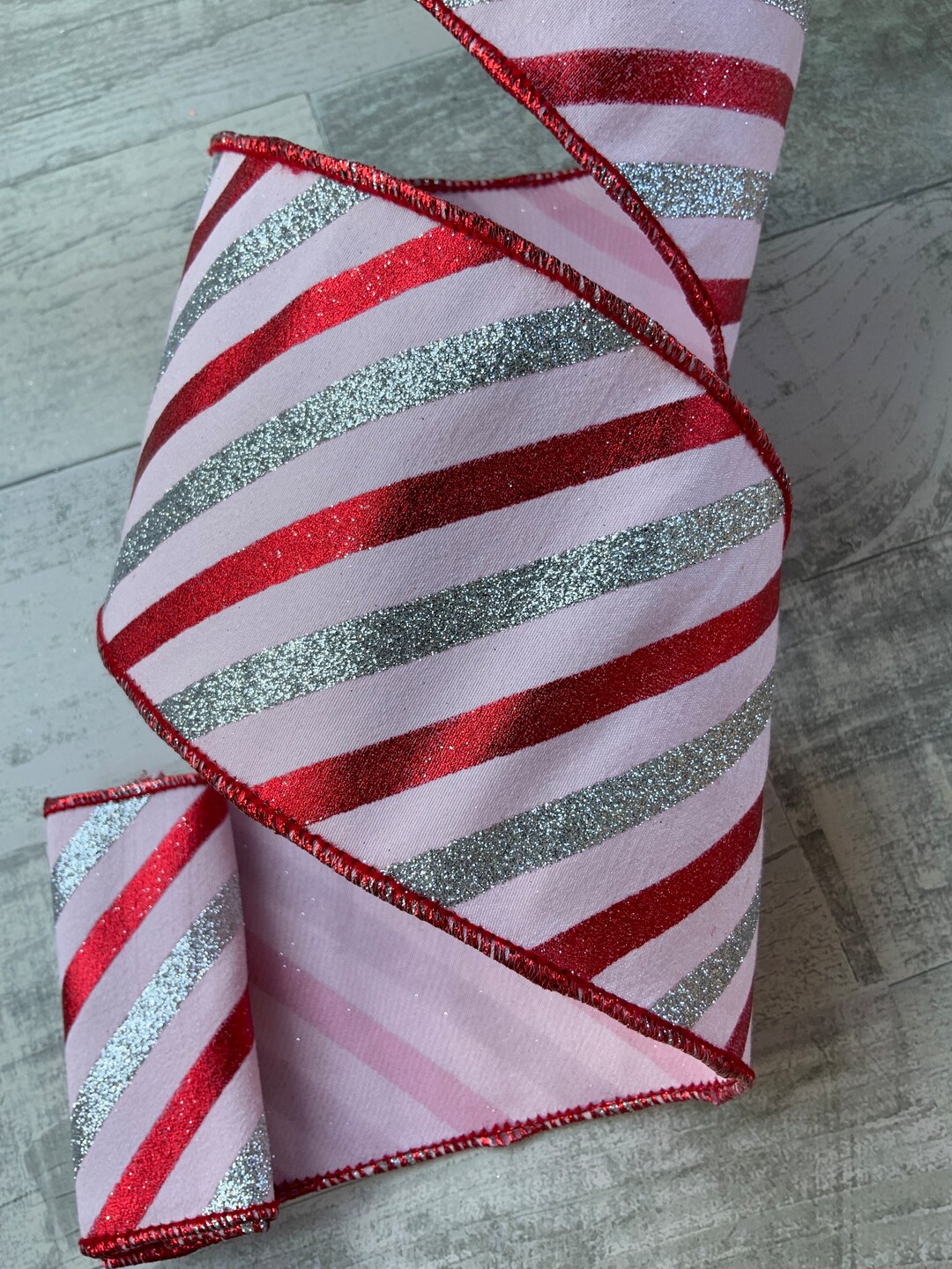 Peppermint Ribbon, Glitter, Silver, Pink & Red, Wired Ribbon, 4” Ribbon ...