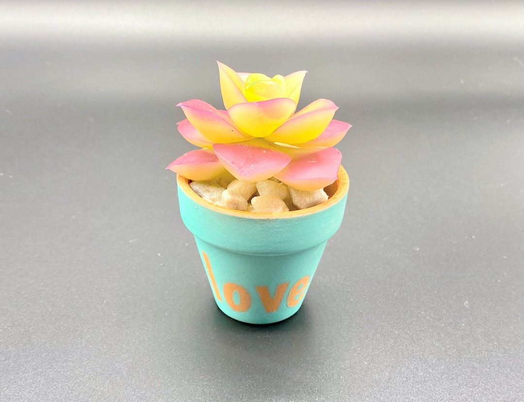 Hand-painted Blue Clay Pot With Faux Succulent - 'love' Decor - Etsy