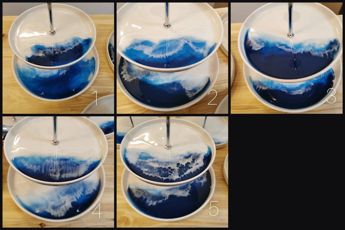 Etagere With Resin Ocean Waves, Two-tier Cake Stand Porcelain, Blue Sea ...