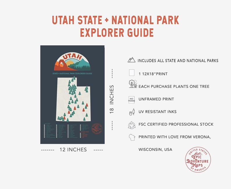 Utah State Parks Poster Gorgeous Map of Utah Featuring | Etsy