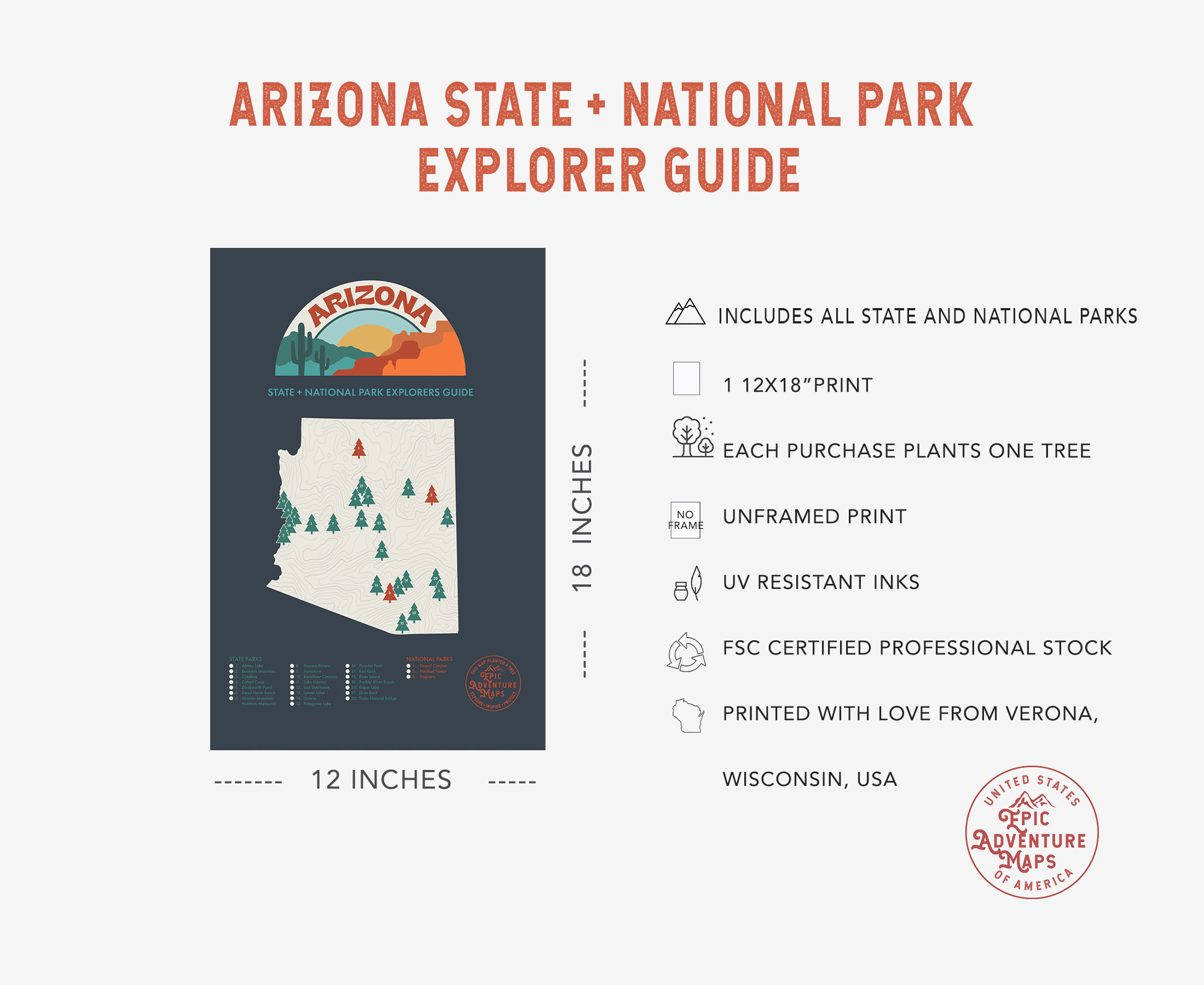Arizona State Parks Poster Gorgeous Map of Arizona Featuring - Etsy