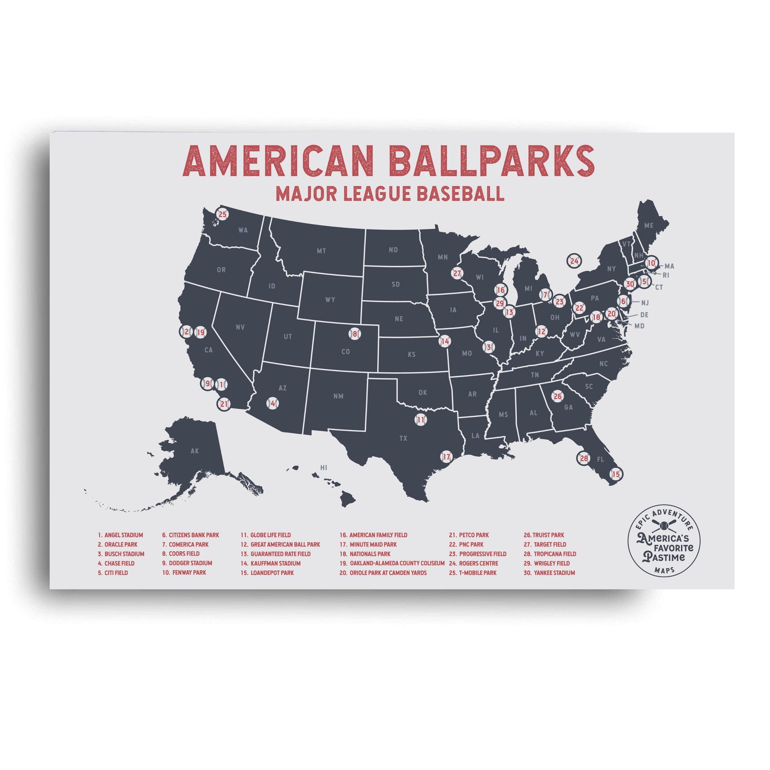 Major League Baseball Pushpin Poster - MLB Baseball Stadiums Map - Man ...